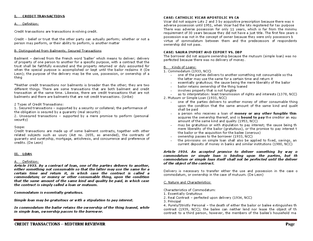 CREDIT TRANSACTIONS MIDTERM REVIEWER: LOAN AND DEPOSIT OVERVIEW - Studocu