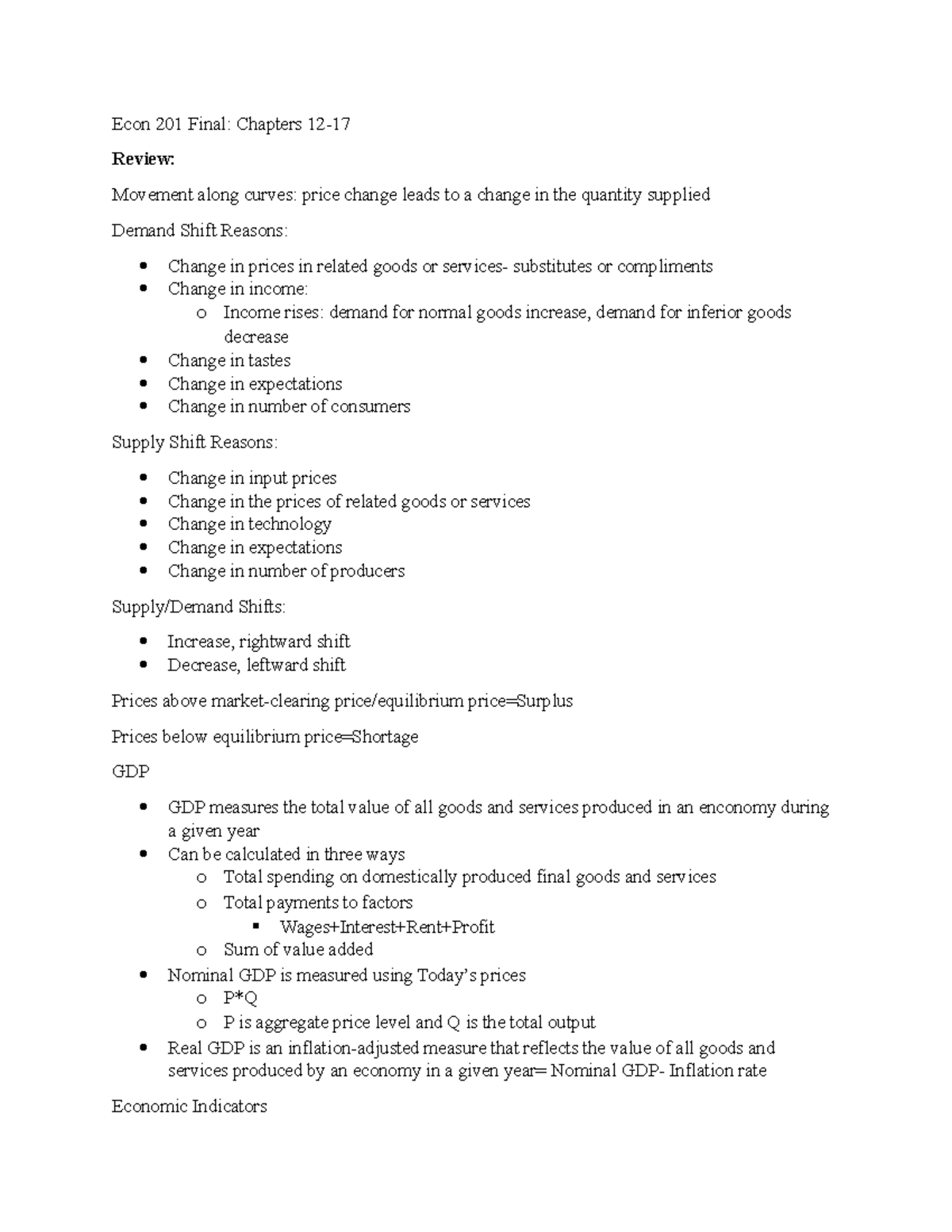 Econ 201 Final Notes - Econ 201 Final: Chapters 12- Review: Movement ...