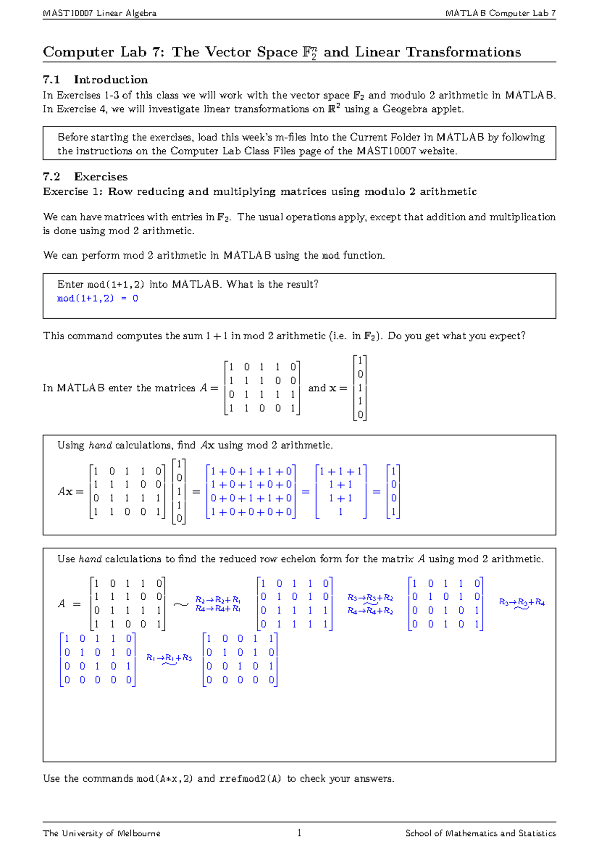 Linear Algebra MATLAB Lab 7: Vector Space F2 & Linear Transformations ...