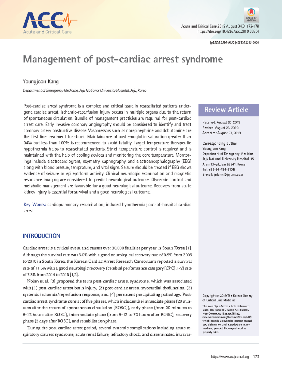 Post cardiac arrest syndrome 2022 - accjournal 173 Youngjoon Kang ...