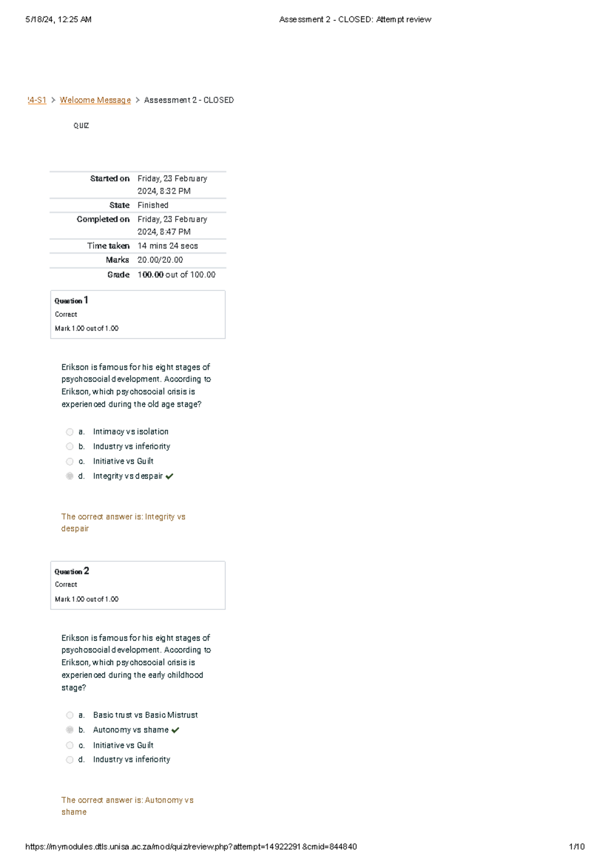 Assessment 2 - Closed Attempt Review for Course 24-S1 - Studocu