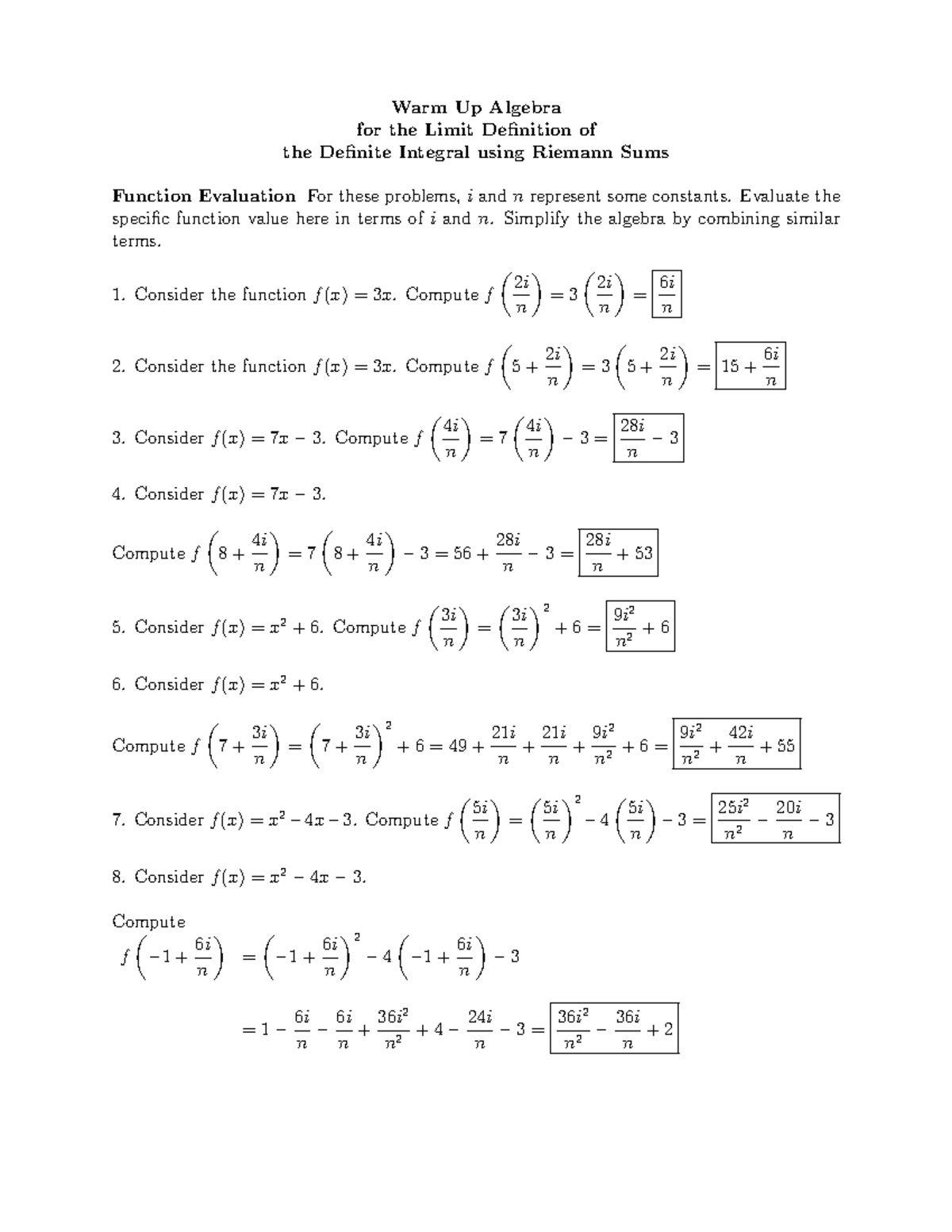 Riemann Sum Warm Up for Limit Definition of Definite Integral - Studocu