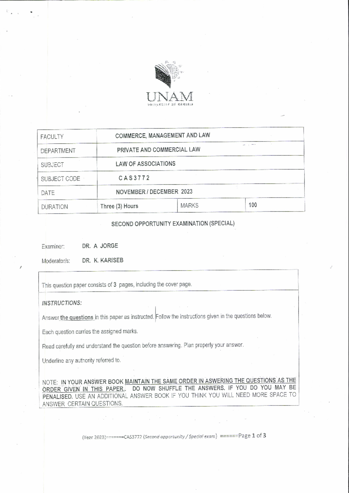 Cas3773 2023 11 sup - 2023 exam paper - UNAM 110 FACULTY COMMERCE ...