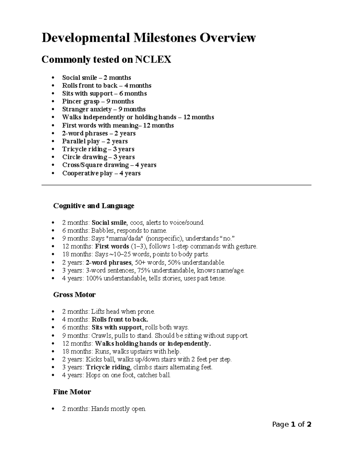 Developmental Milestones Overview for NCLEX Exam - Studocu