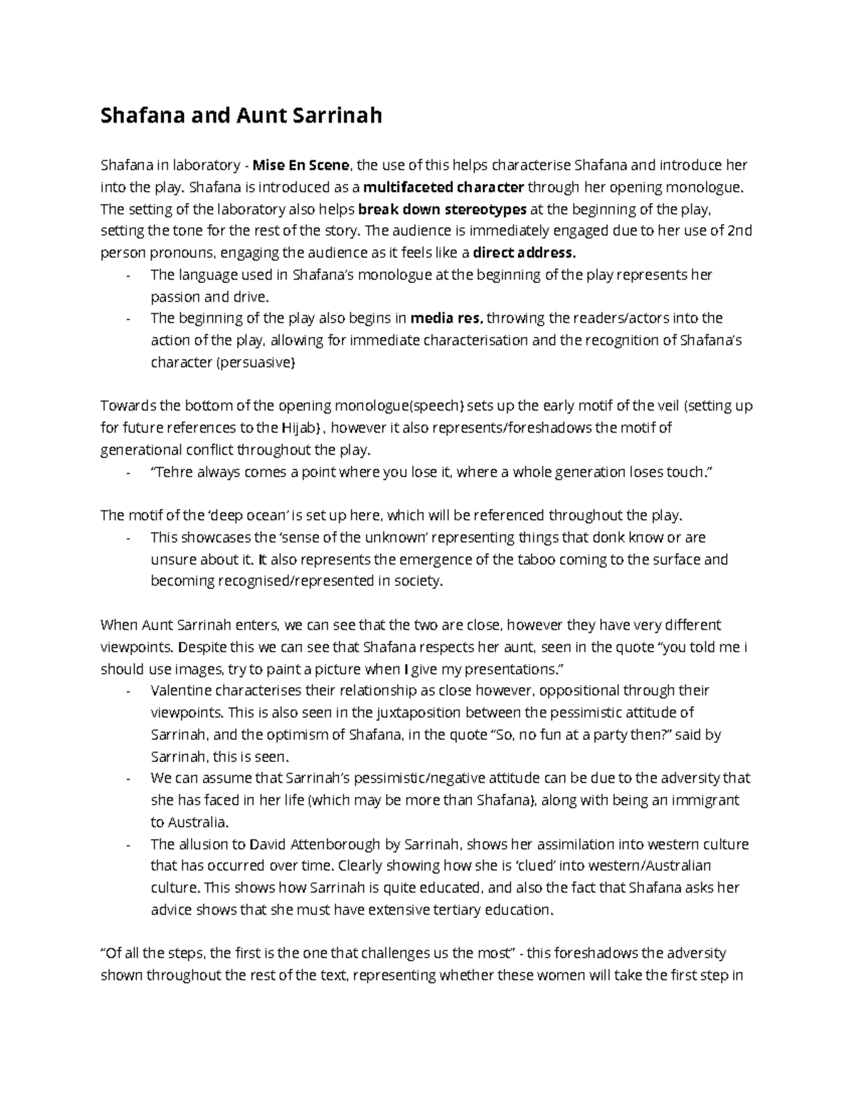 Shafana & Aunt Sarrinah: Character Analysis in the Play - Studocu