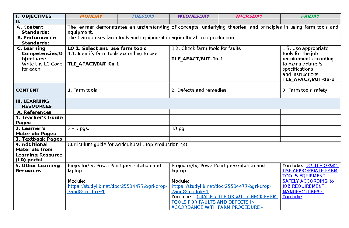 Agricrop 7/8 DLL - Lesson Plan for Farm Tools & Equipment Usage - Studocu