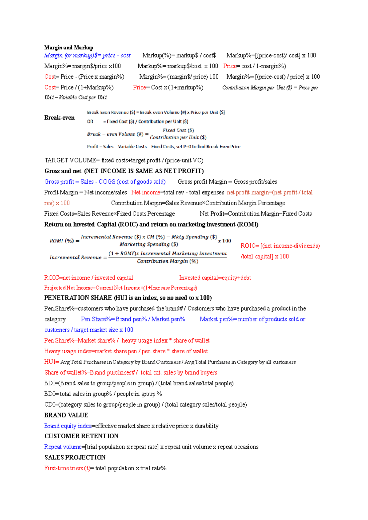 Cheat Sheet - Summary Marketing - Margin and Markup Margin (or markup ...