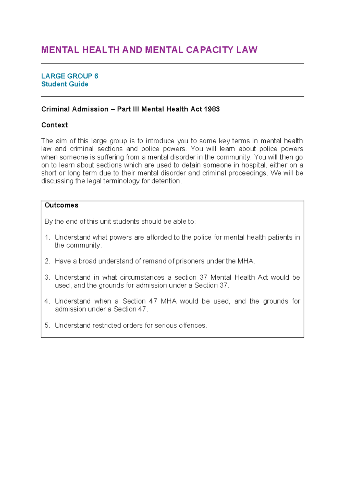 MH L LG6 SG - Study Guide - MENTAL HEALTH AND MENTAL CAPACITY LAW LARGE ...