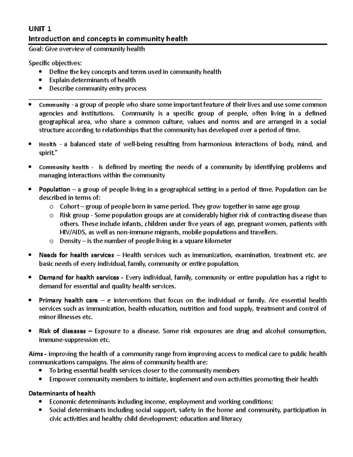 Unit 1 Introduction to concepte in community health - UNIT 1 ...