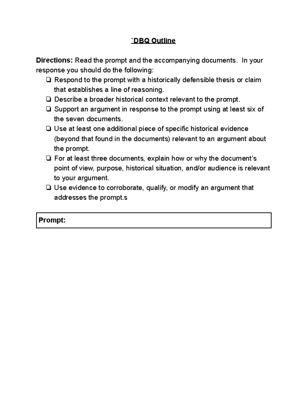 Blank DBQ Outline - `DBQ Outline Directions: Read the prompt and the ...