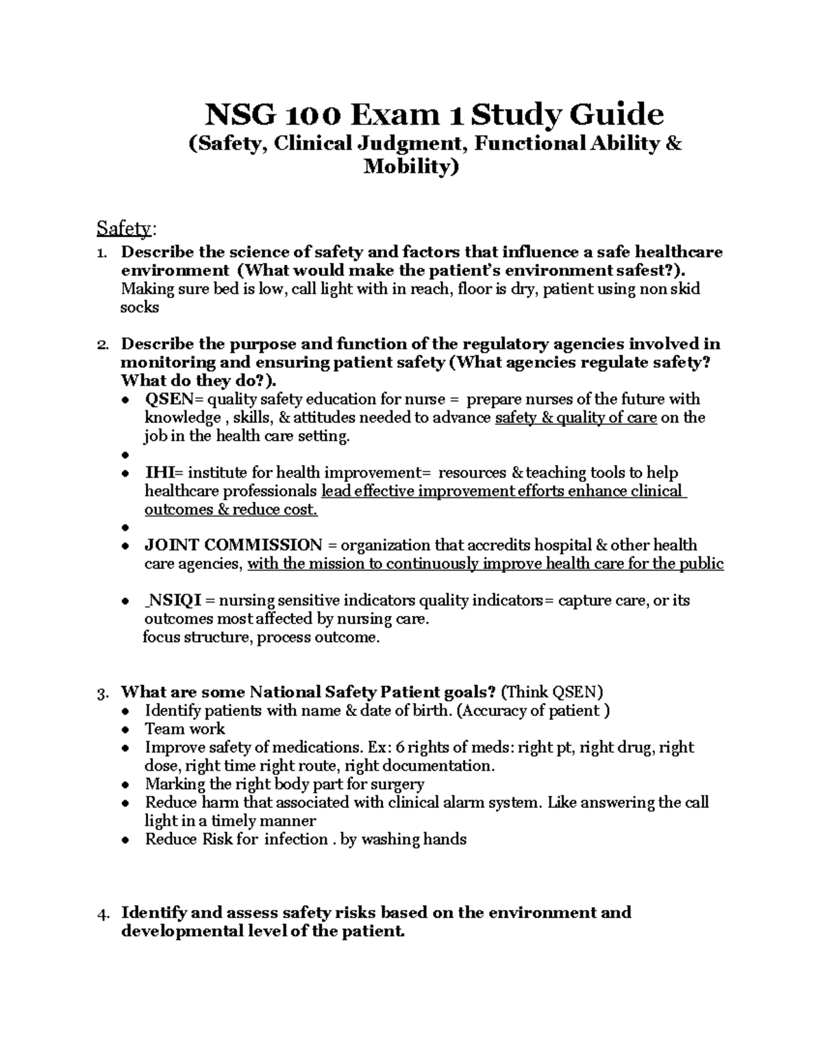 NSG 100 Exam 1 Study Guide: Safety, Clinical Judgment, Mobility ...