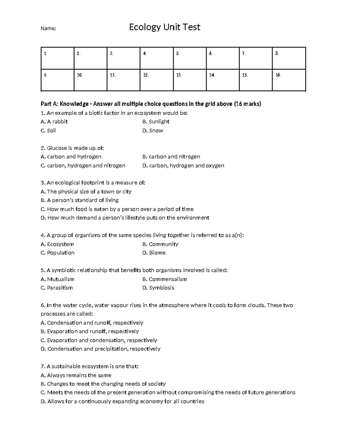 Ecology Unit Test Prep: Practice Questions and Answers Guide - Studocu