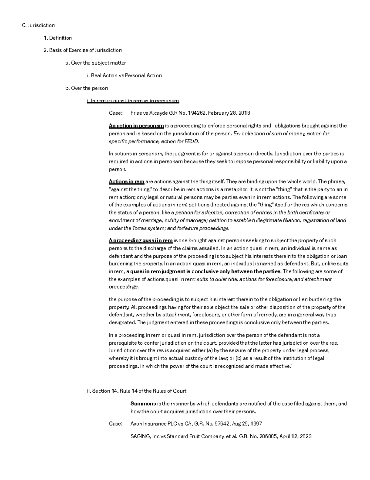 C. Jurisdiction: In-Personam, In Rem, and Quasi In Rem Actions - Case ...