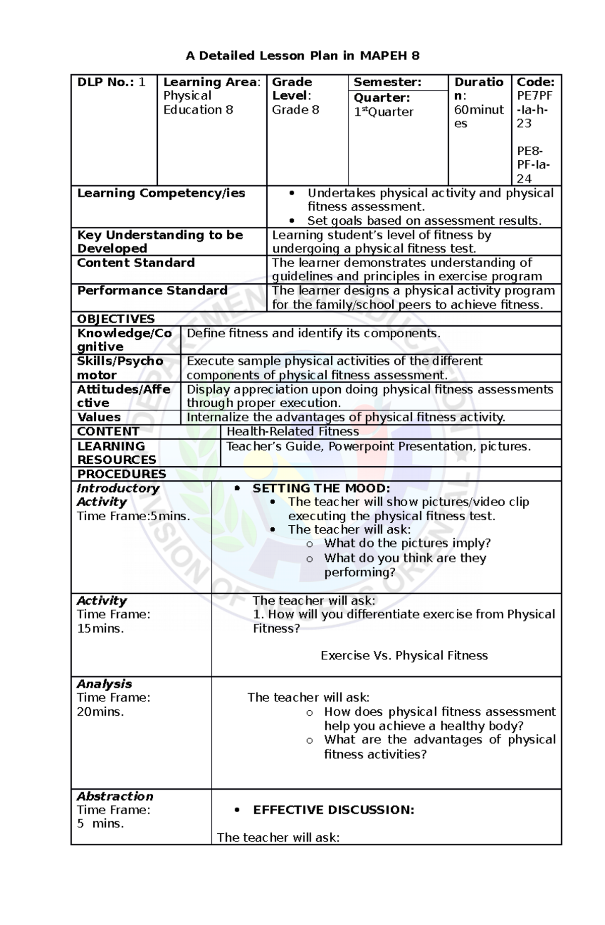 PE8 Q1 DLP1 - Detailed Lesson Plan on Physical Fitness Assessment - Studocu