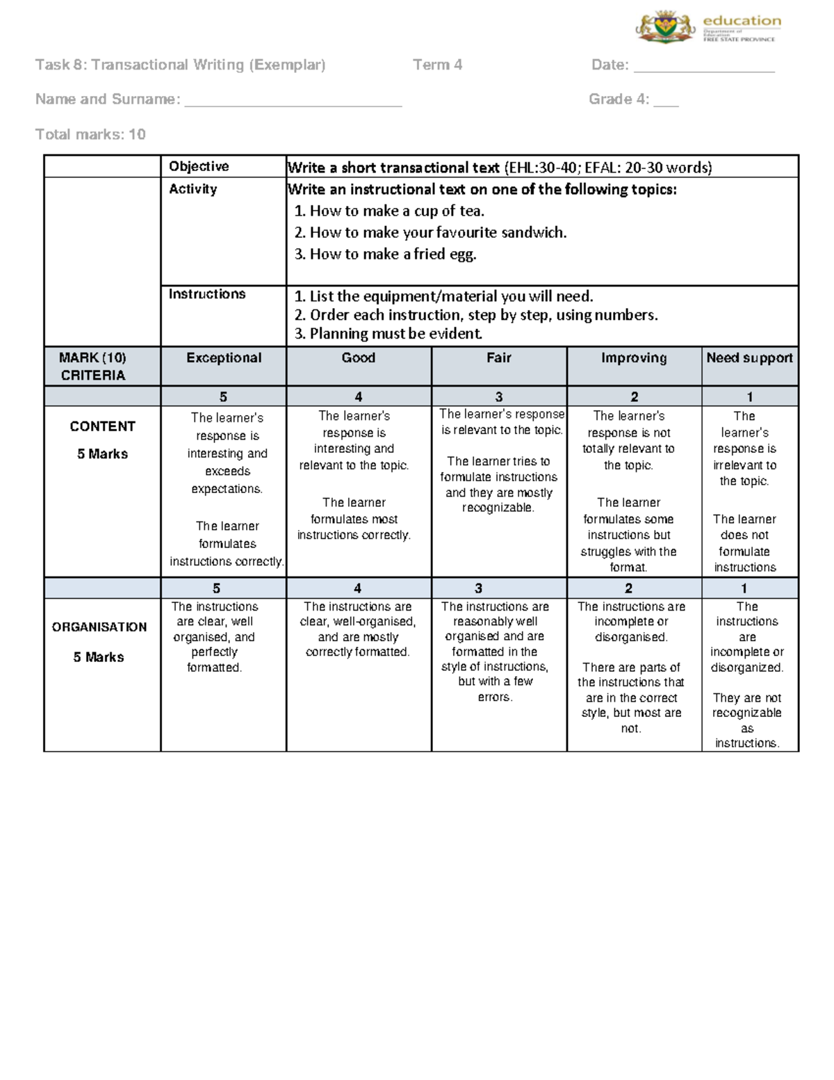 Grade 4 Writing Tasks for Term 4 - 2023 - Studocu