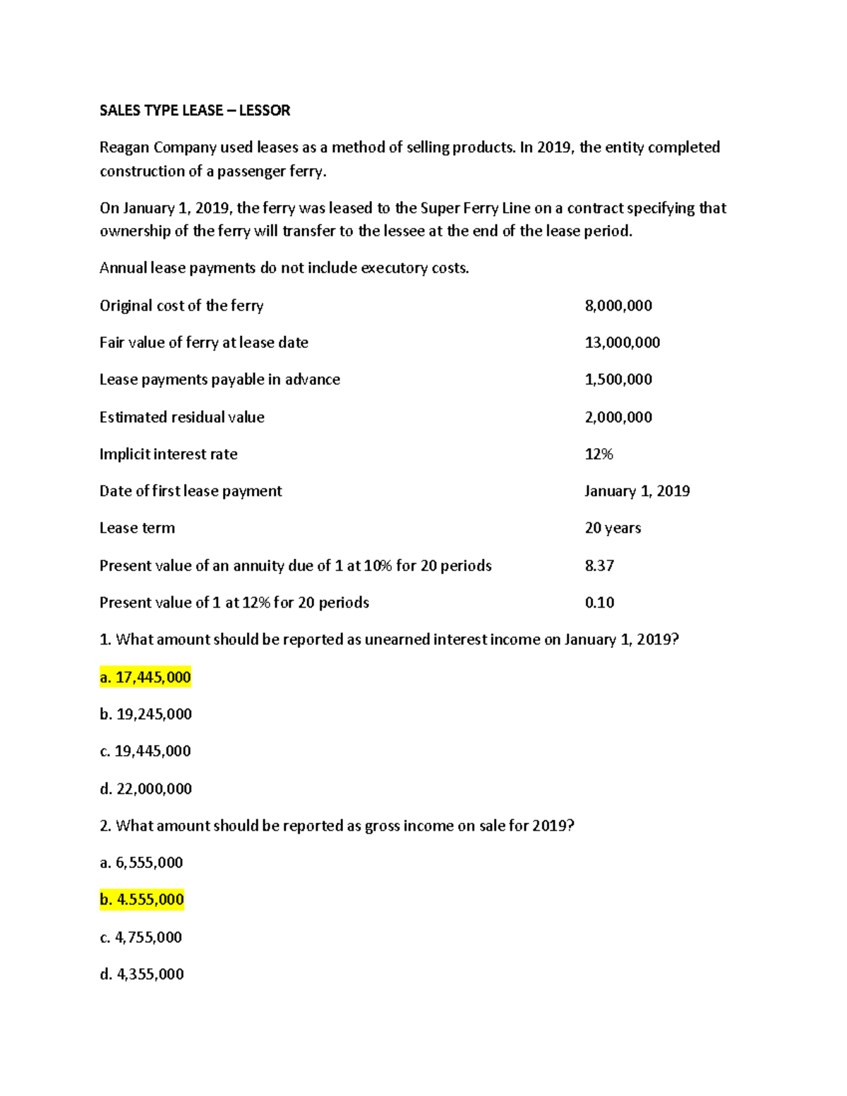Sales Type Lease Problem 5-8: Analysis and Calculations - Studocu