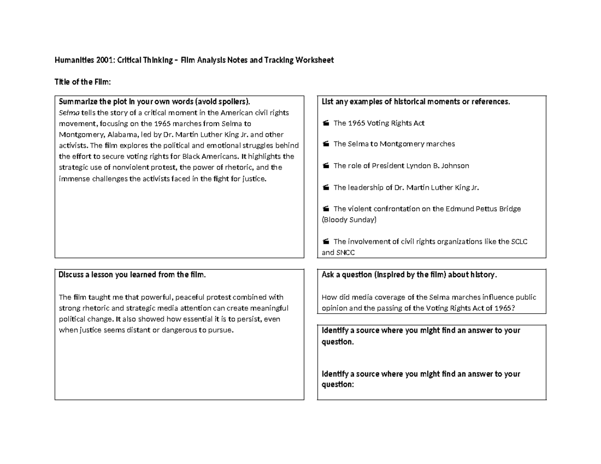 Humanities 2001: Film Analysis Notes on "Selma" and Civil Rights - Studocu