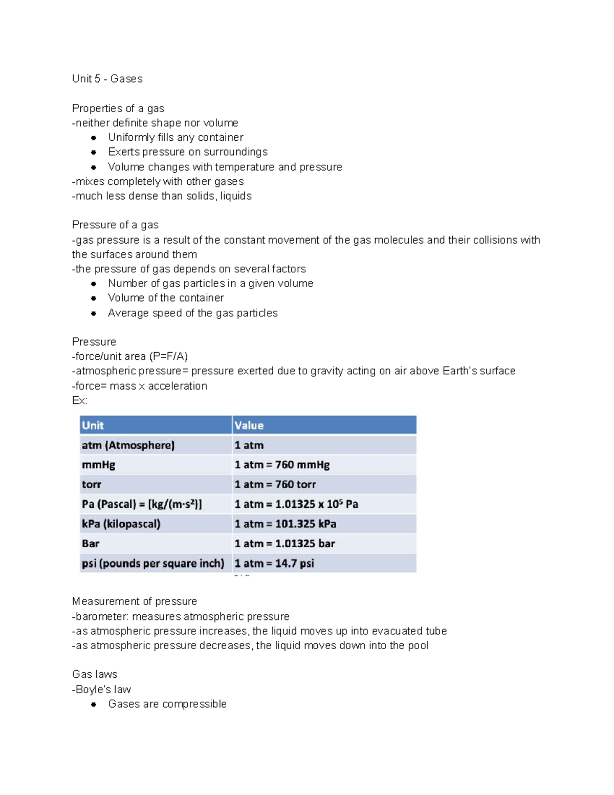 Chem 104 - Unit 5 - Gases - It's notes. - Unit 5 - Gases Properties of ...