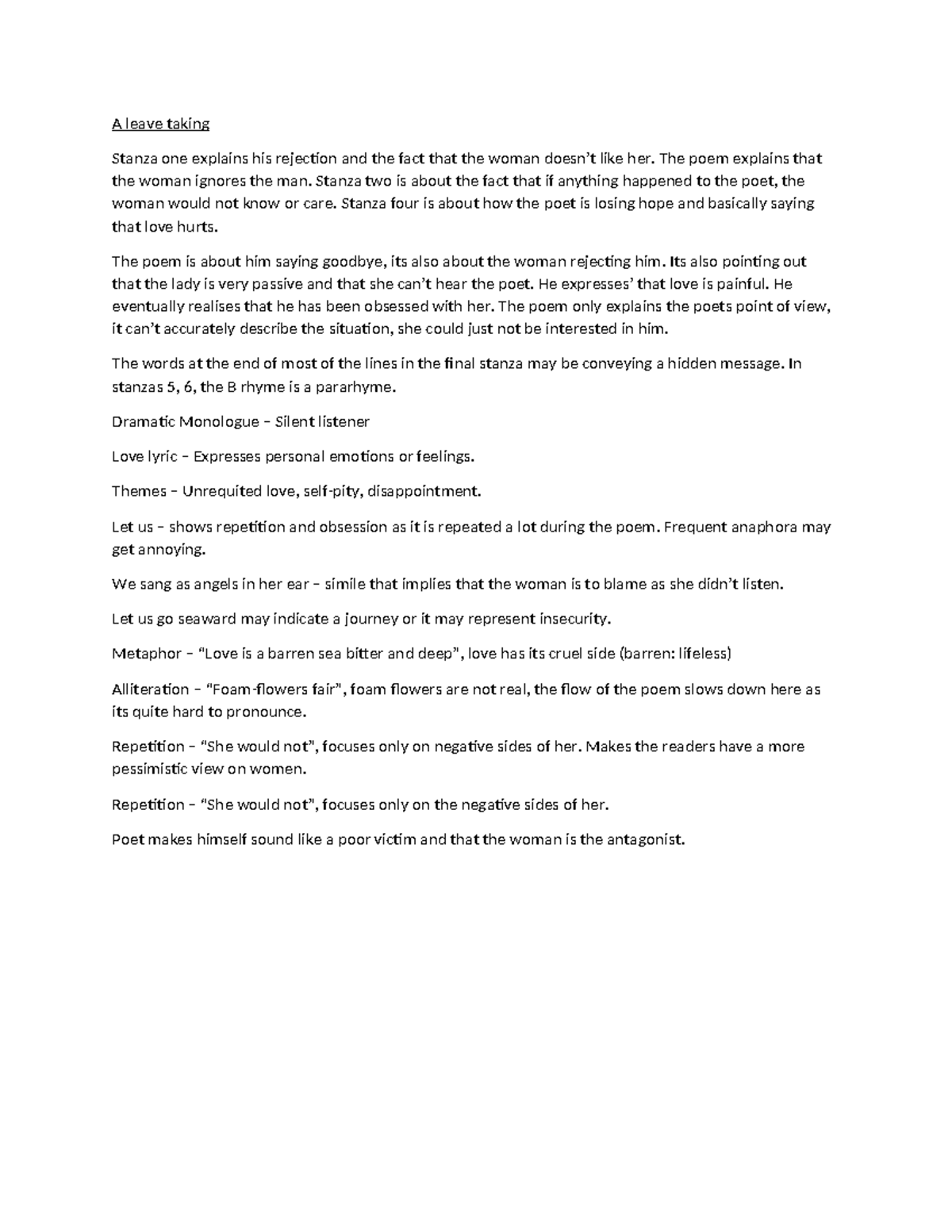 Leave Taking Analysis: Unrequited Love in Poetry - 18 Oct 2022 - Studocu