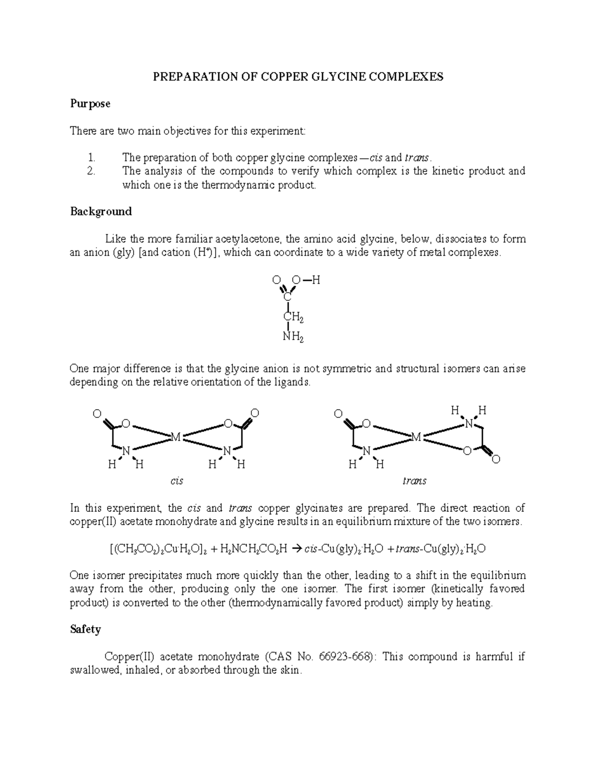 Copper Glycine - PREPARATION OF COPPER GLYCINE COMPLEXES Purpose There ...
