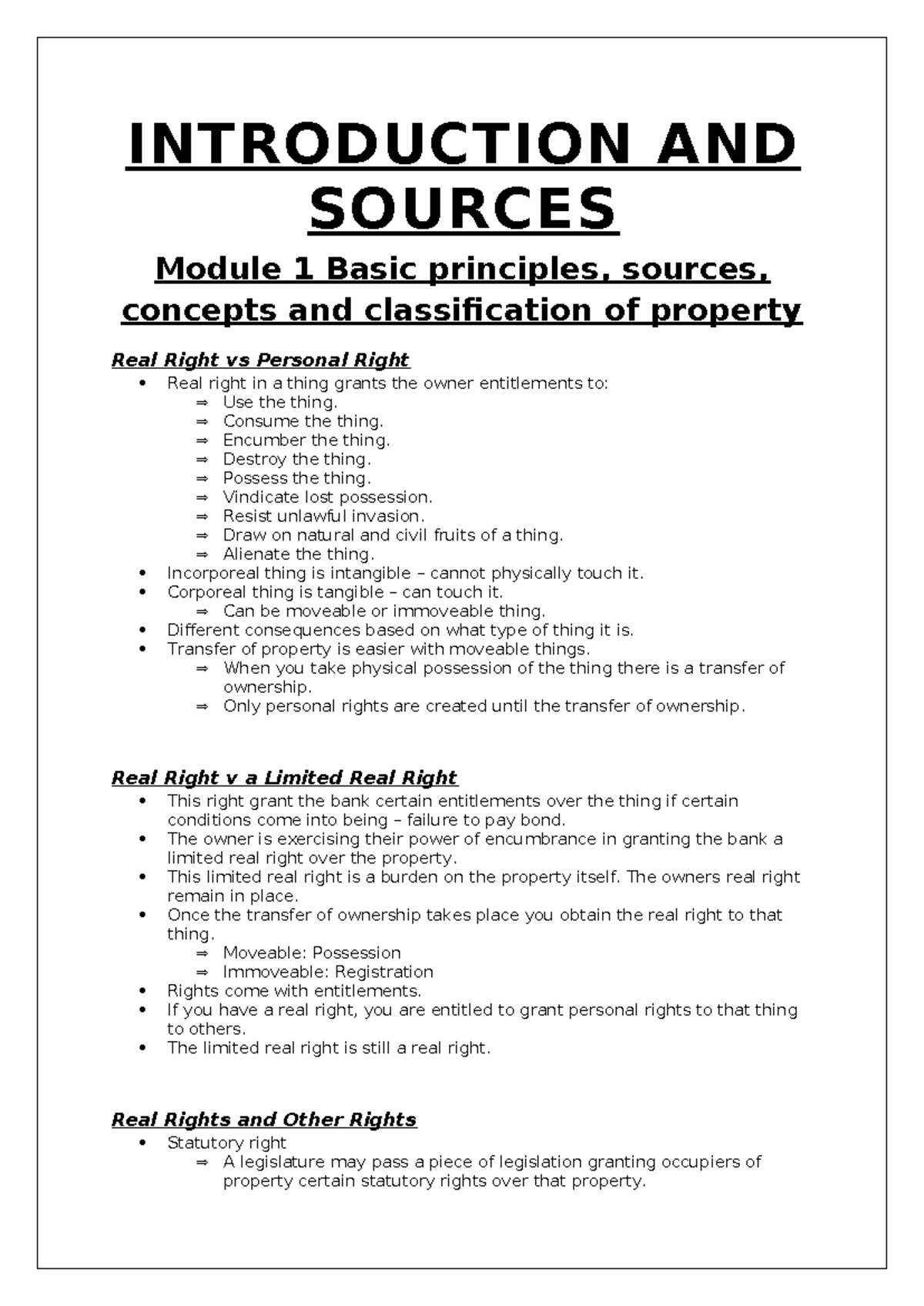 Module 1: Summary of Basic Principles and Sources of Property Law - Studocu