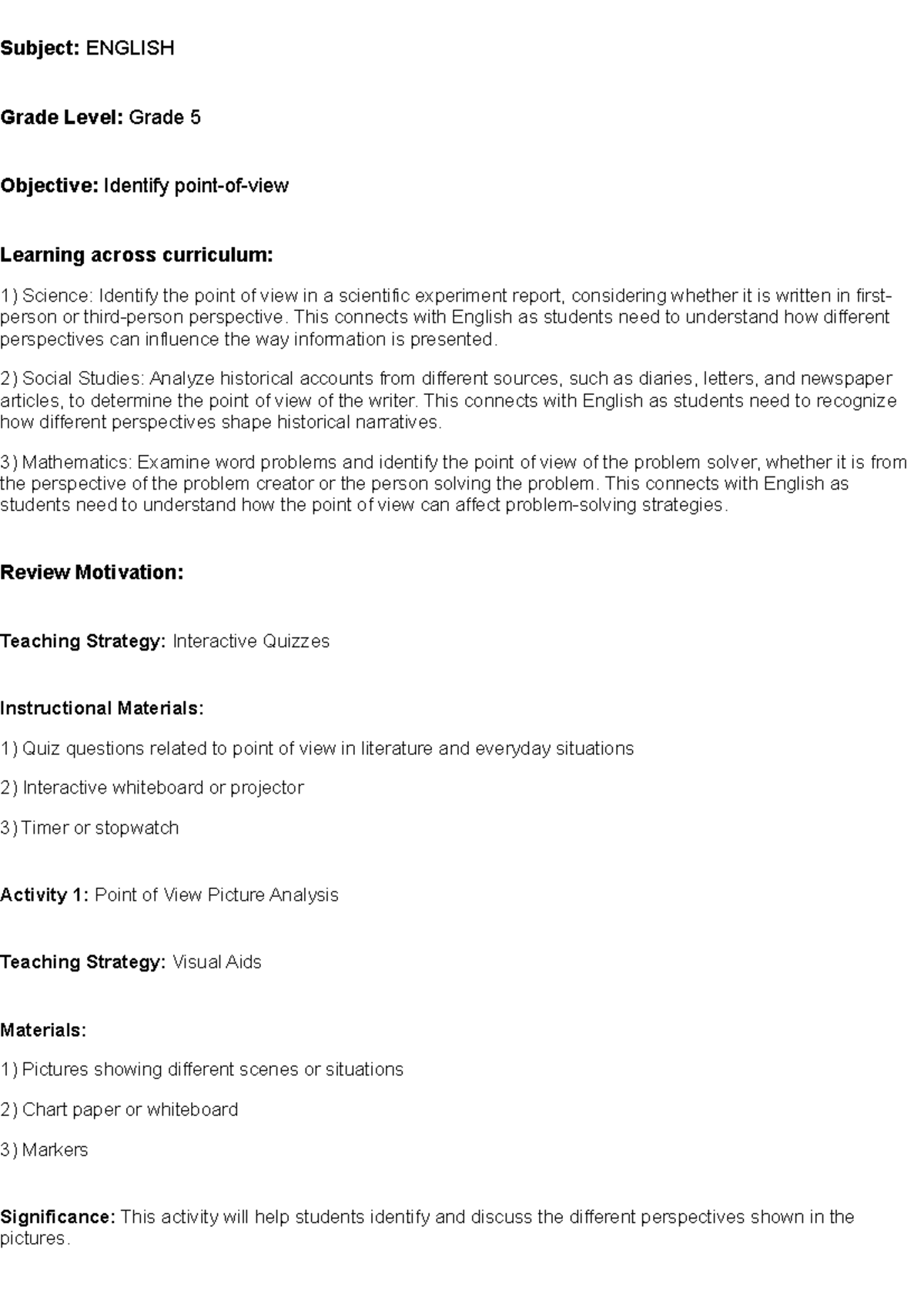 Grade 5 Lesson Plan: Exploring Point of View in Literature and Beyond ...