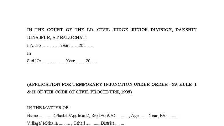 I.A. Application for Temporary Injunction Under Order 39, CPC 1908 ...