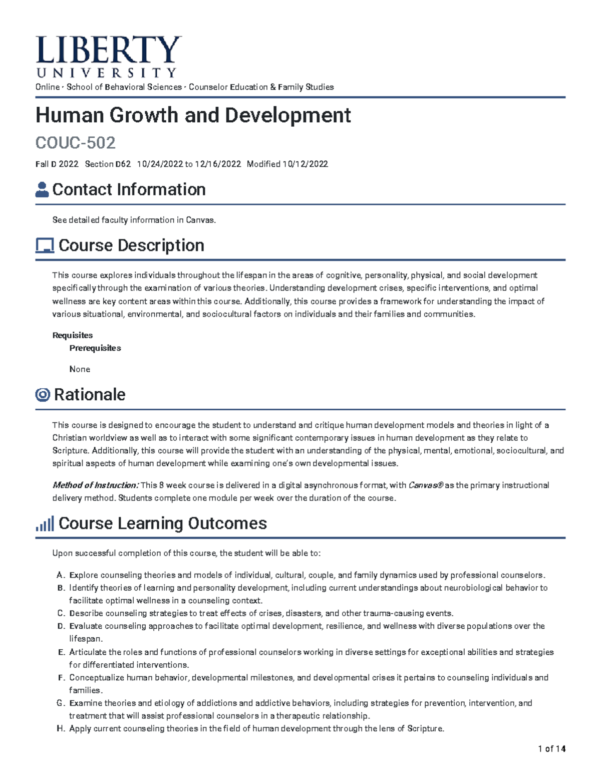 Human Growth and Development COUC 502 Fall D 2022 Course Overview - Studocu