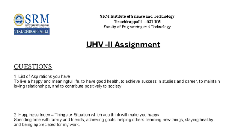 UHV Assignment 1: Personal Reflections and Transformations - Studocu