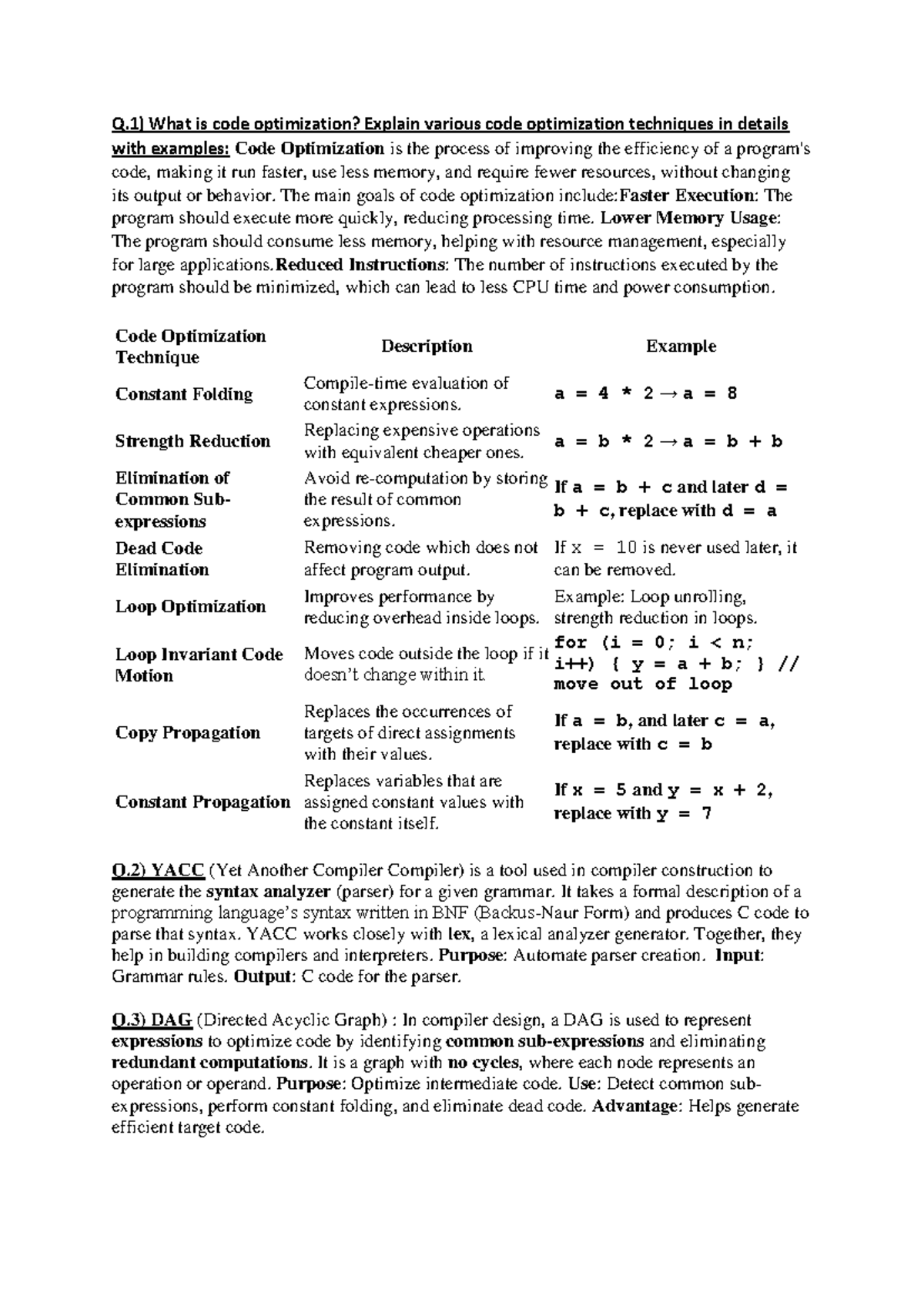 Compilers (CS101): Code Optimization Techniques & YACC Overview - Studocu