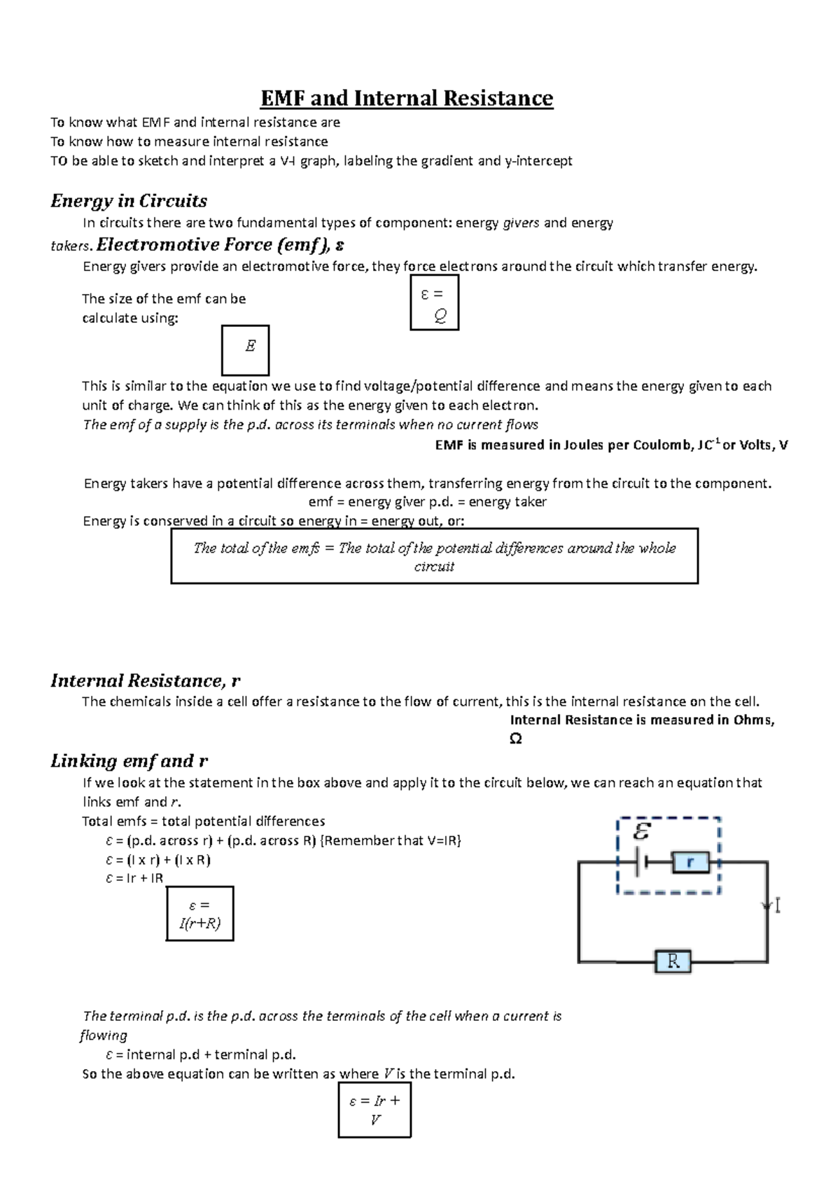 EMF and Internal Resistance - Electromotive Force (emf), ε Energy ...