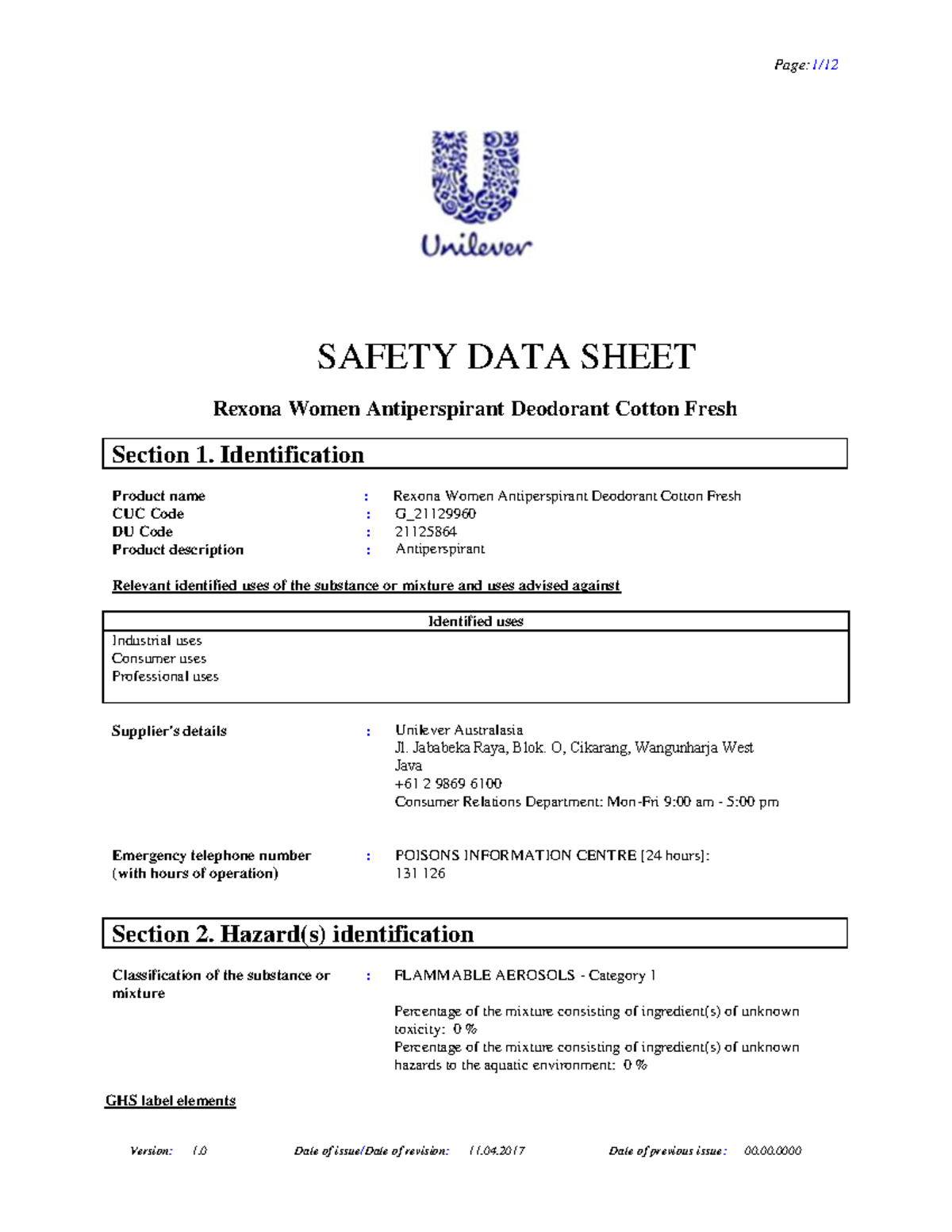 Rexona Women Antiperspirant Cotton Fresh - Safety Data Sheet (SDS ...