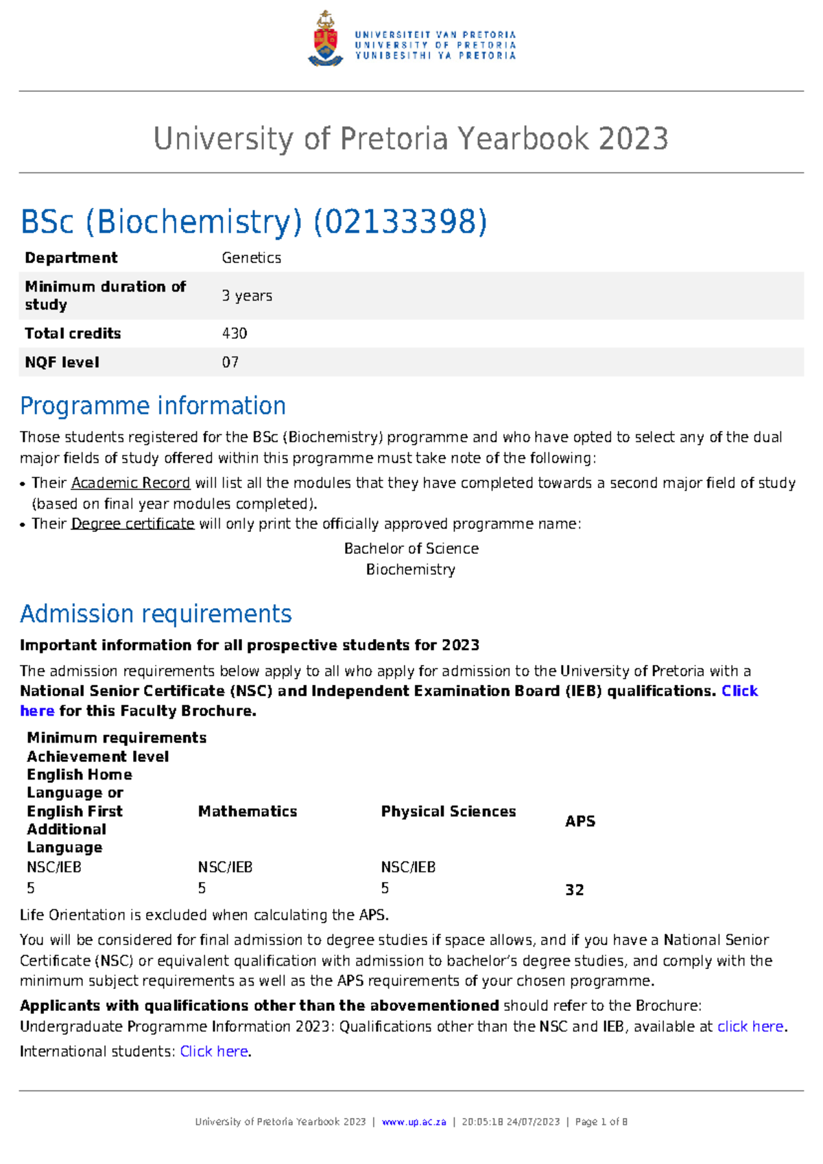 UP Yearbook 2023: BSc (Biochemistry) Programme Overview and Admission ...