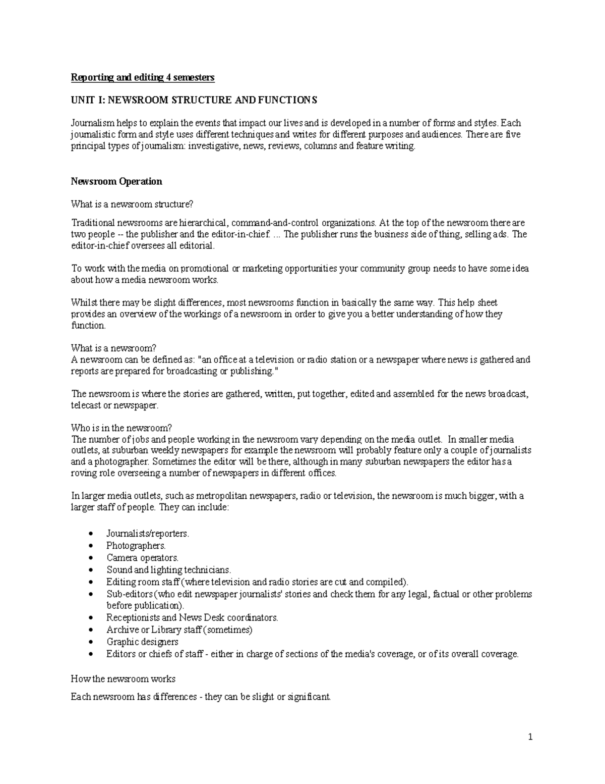 Notes on reporting and editing - Reporting and editing 4 semesters UNIT ...