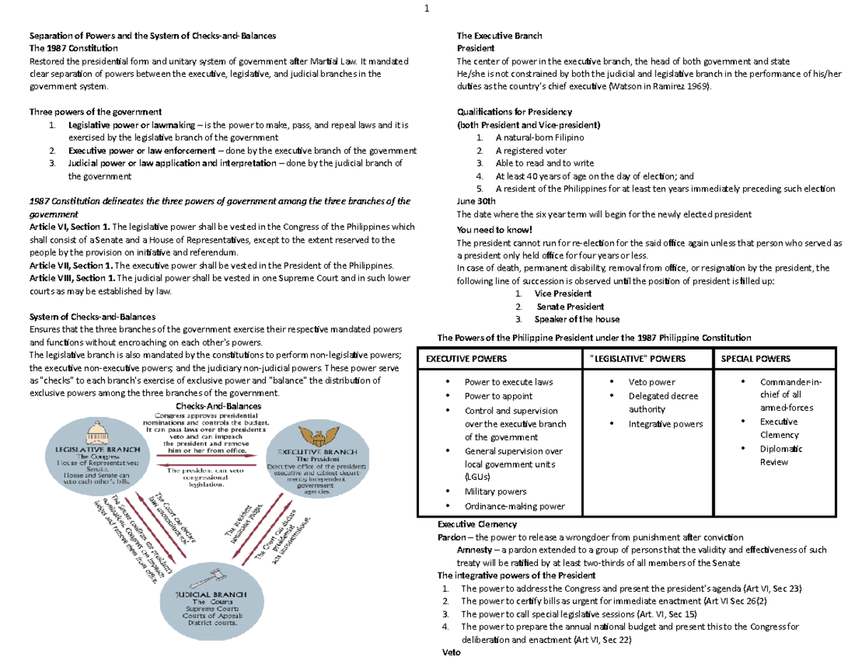 POLS 101: Separation of Powers and Checks-and-Balances in the 1987 ...