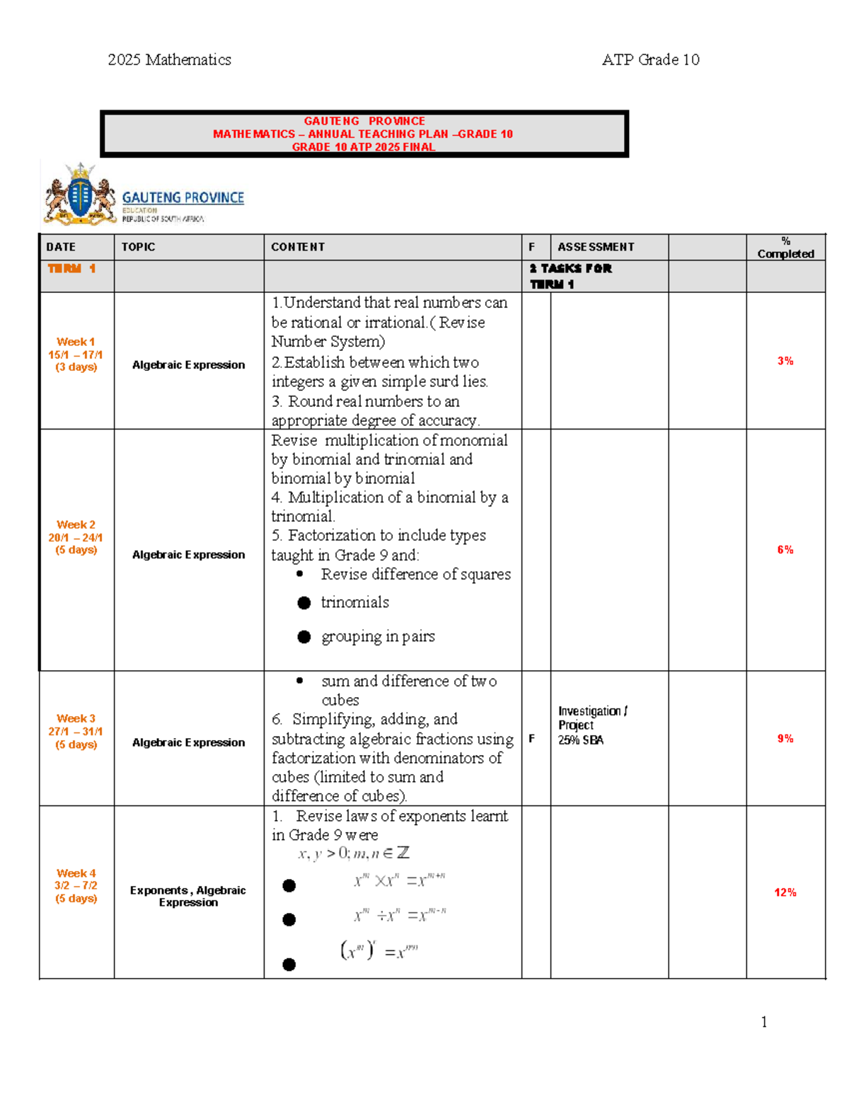 2025 Mathematics ATP Grade 10: Comprehensive Teaching Plan and ...