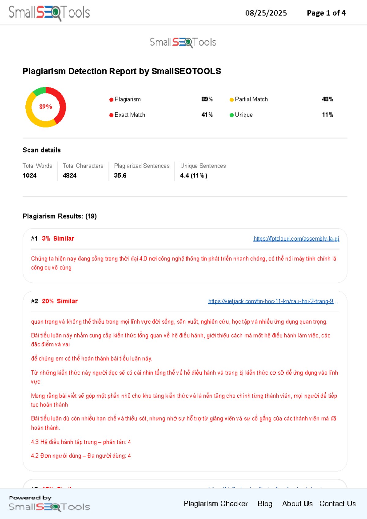 Plagiarism Detection Report: SmallSEOTOOLS Analysis - Studocu