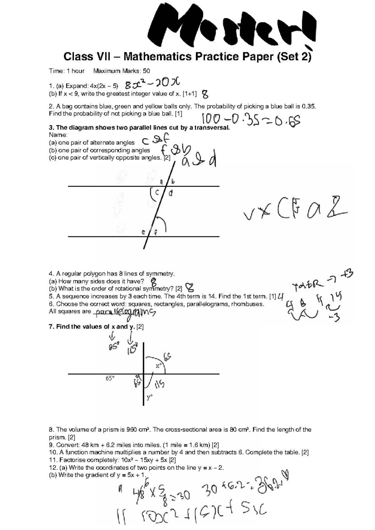 Class VII Maths Practice Paper Set 2 - Full Version - Studocu