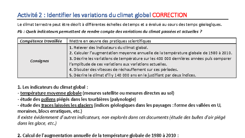Activité 2 : Variations du Climat Global - Correction et Analyse - Studocu