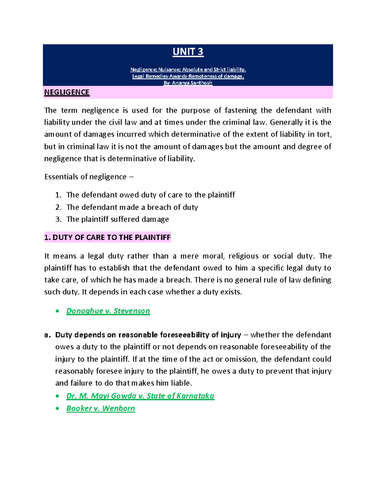 UNIT 3 Torts-2 - Summary - UNIT 3 Negligence; Nuisance; Absolute and ...
