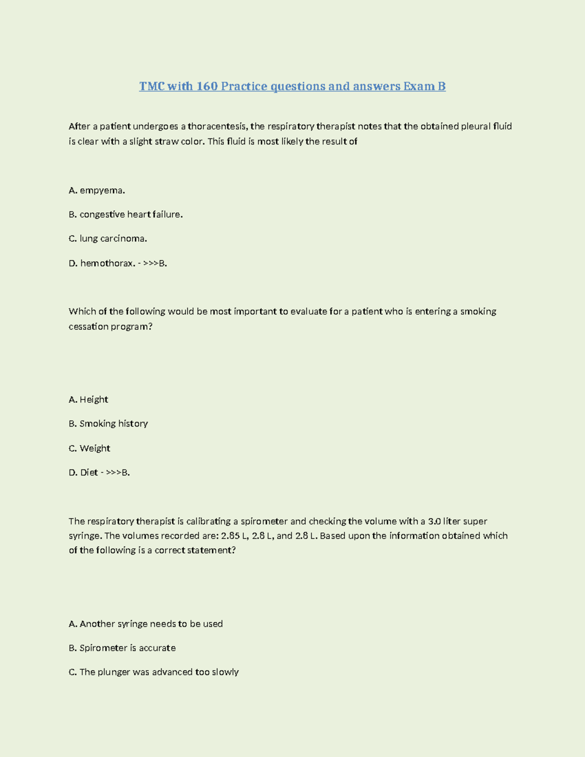 TMC Exam B: 160 Practice Questions & Answers for Respiratory Therapists ...