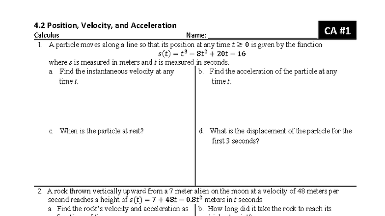 Calc 4 - Position, Velocity, and Acceleration Analysis - Studocu