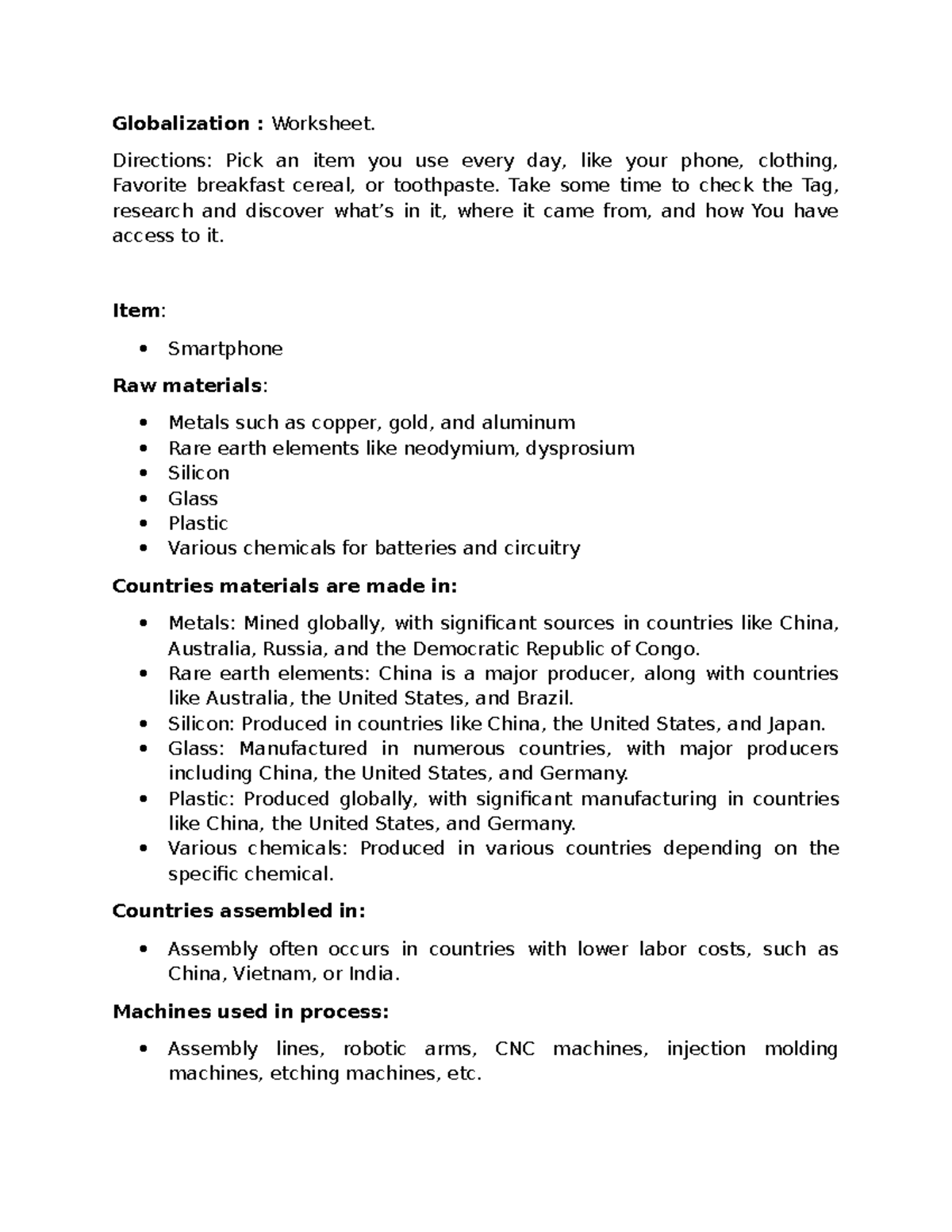 GLB 101: Globalization Worksheet on Everyday Items Analysis - Studocu
