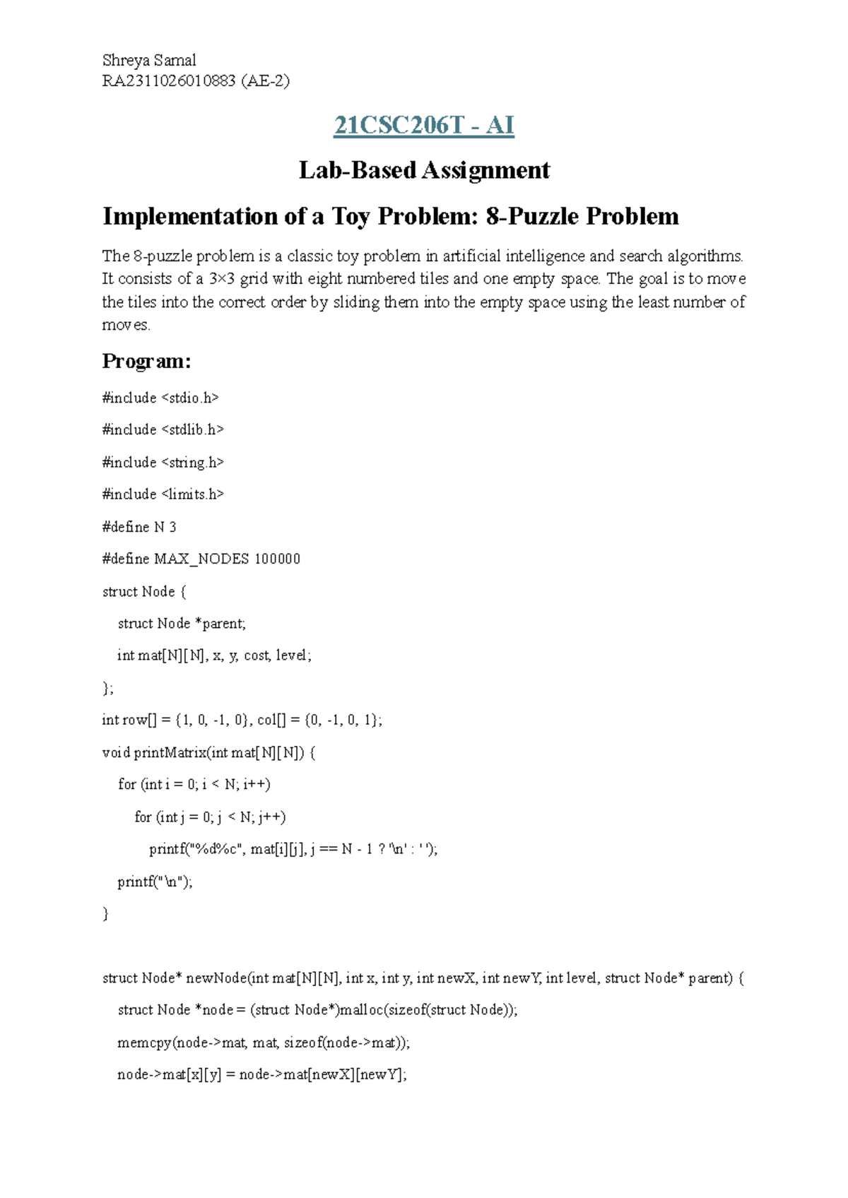 21CSC206T - AI Lab Assignment 1: 8-Puzzle Problem Implementation - Studocu