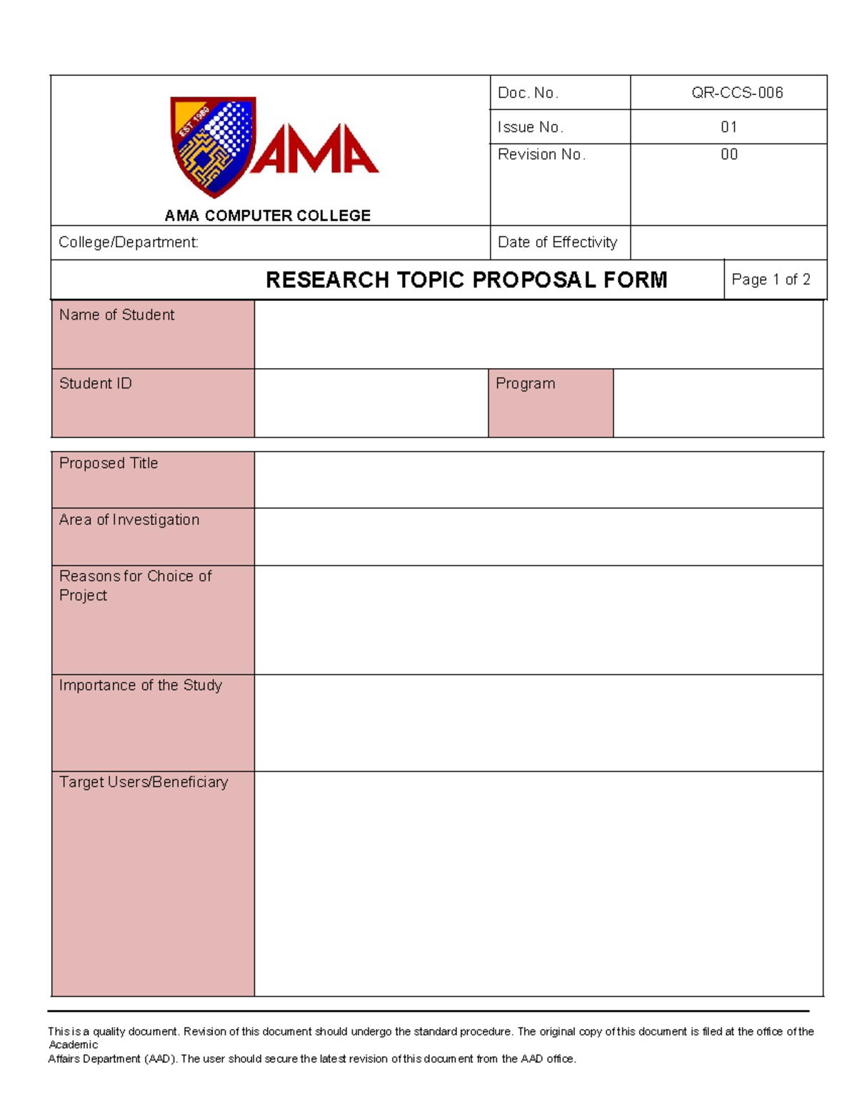 Research Topic Proposal Form - AMA-CCS - Doc No. QR-CCS-01 - Studocu