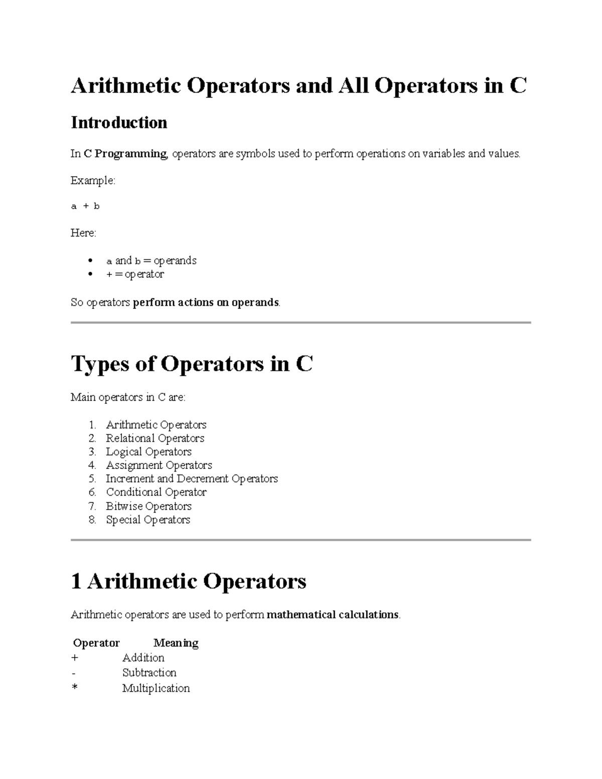 C Programming: Arithmetic & Operators Fundamental Notes - Studocu