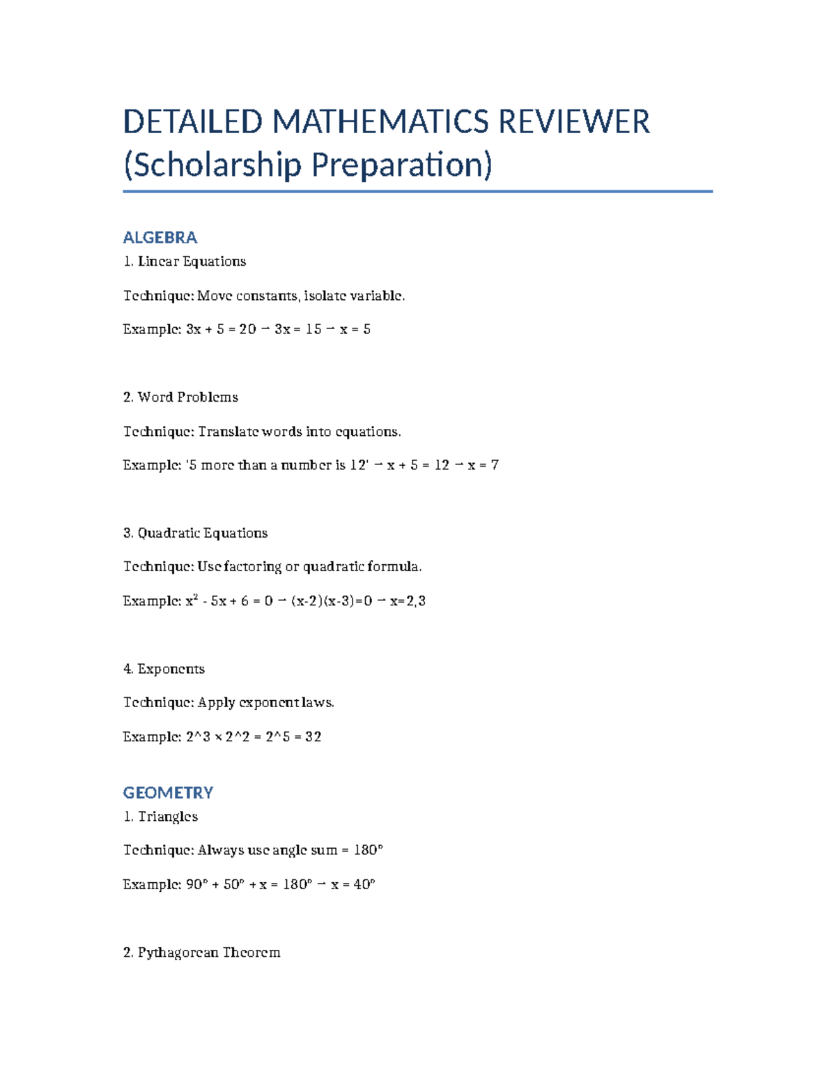 MATH 101: DETAILED REVIEWER FOR SCHOLARSHIP PREPARATION - Studocu