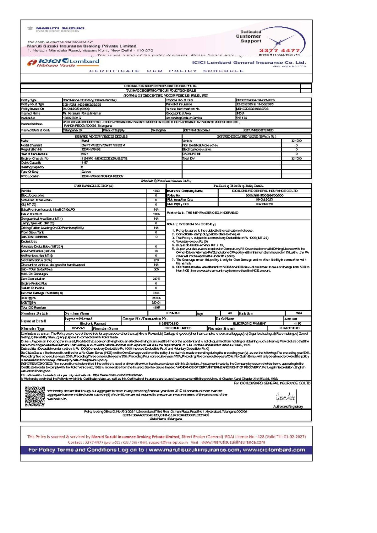 Insurance Policy Schedule for Private Vehicle - OD Policy (SR002394384 ...