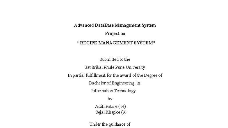 ADBMSL Project Report: Recipe Management System - Studocu