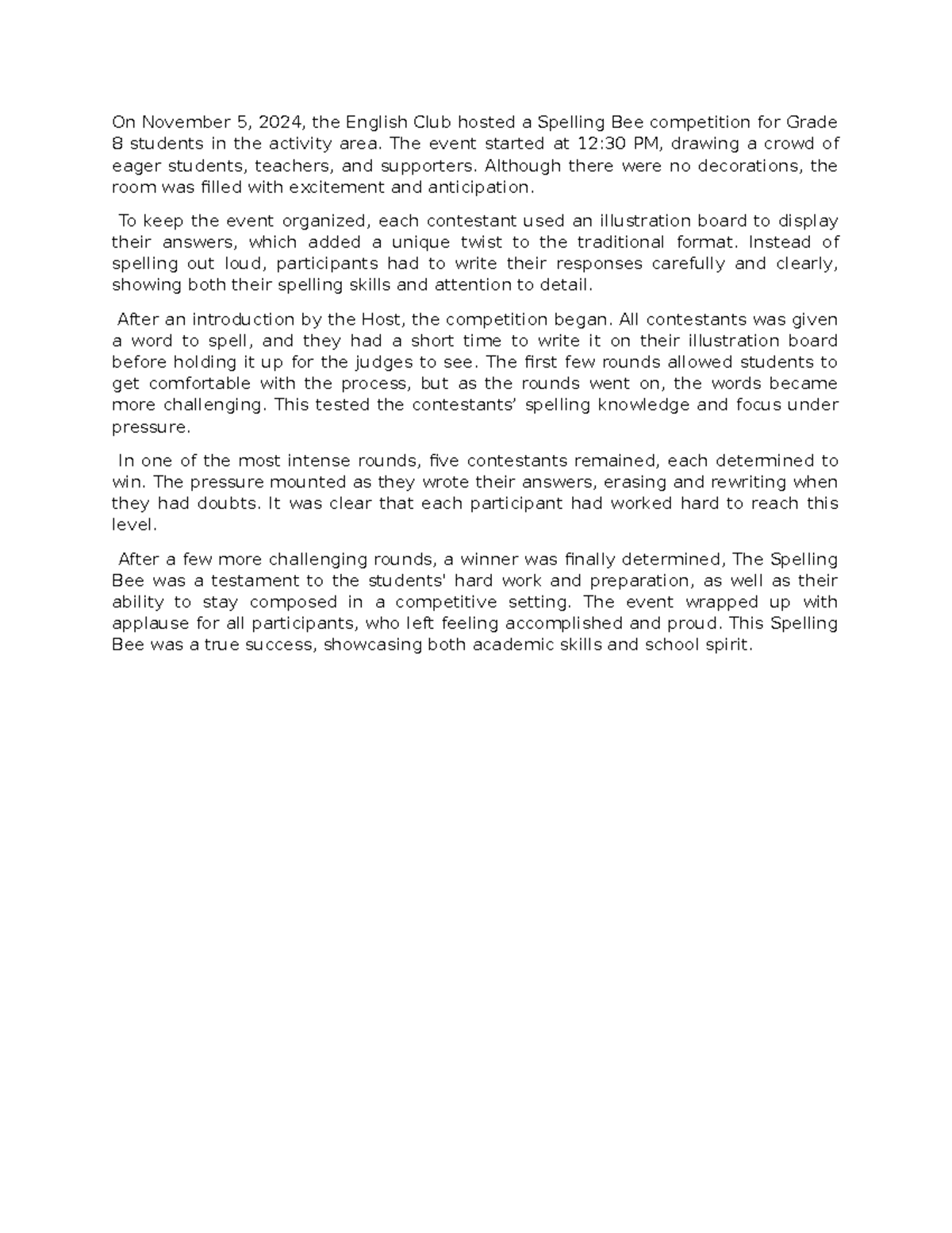 Narrative Report: Spelling Bee Competition for Grade 8 Students - Studocu